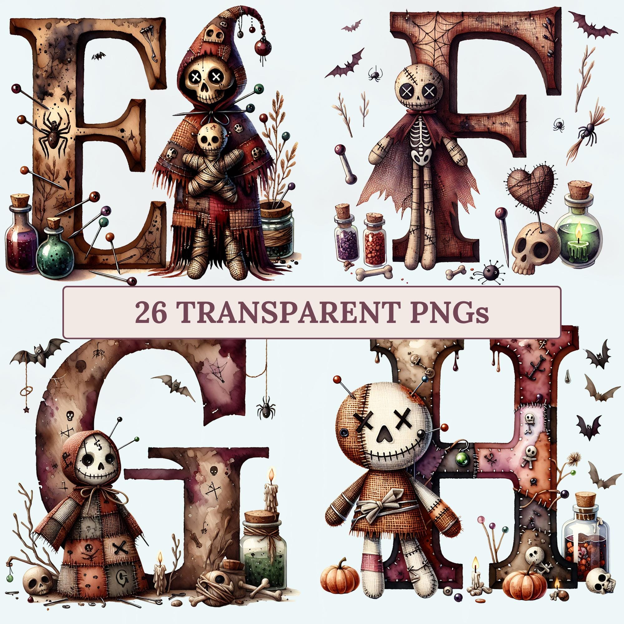 Voodoo Doll Alphabet Clipart, Halloween Letters, Gothic Font Digital ...