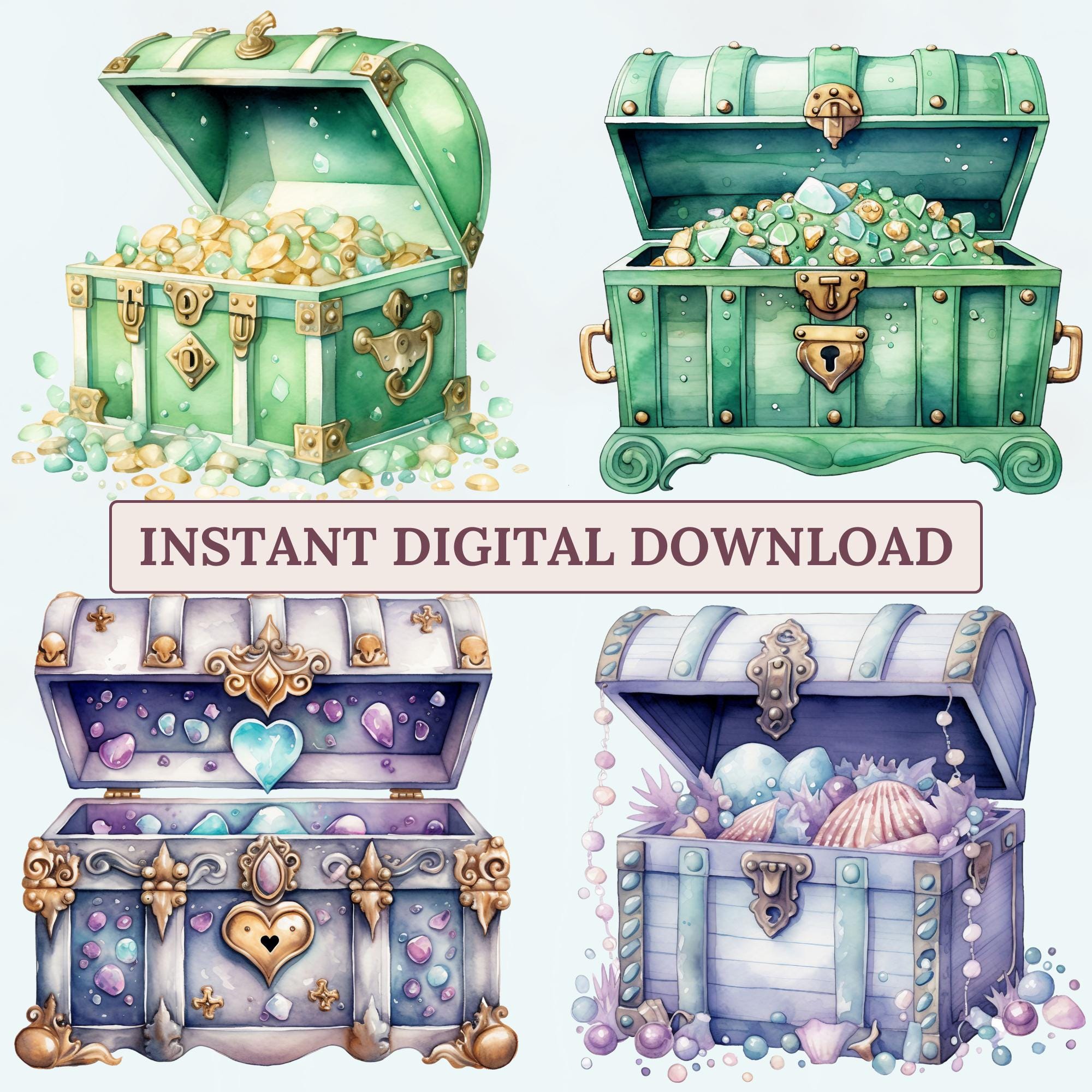 Vintage Treasure Chest Clipart, Watercolor Open Treasure Chest With ...
