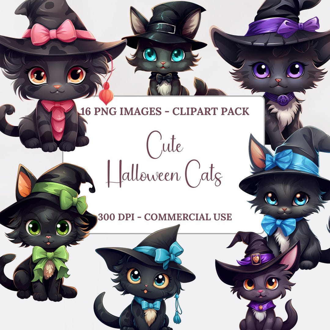 Halloween Cats Clipart Bundle, Cute Spooky Cats PNG, Kitten Graphics ...