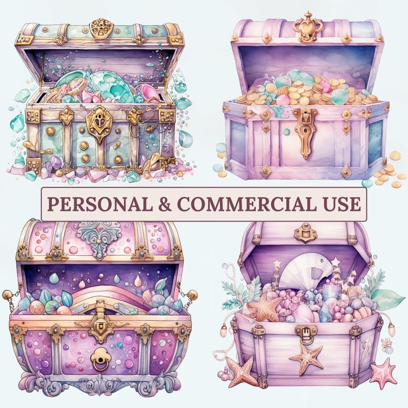 Vintage Treasure Chest Clipart, Watercolor Open Treasure Chest With ...