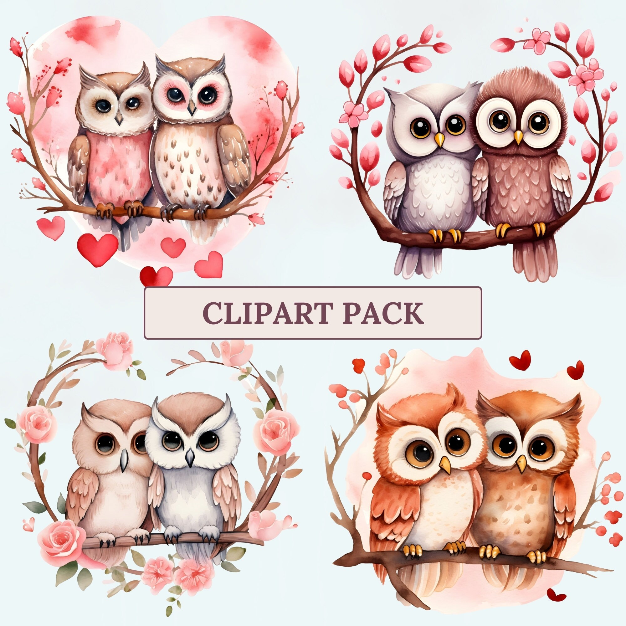 Valentines Owls Clipart Watercolor, Clipart for Commercial Use ...