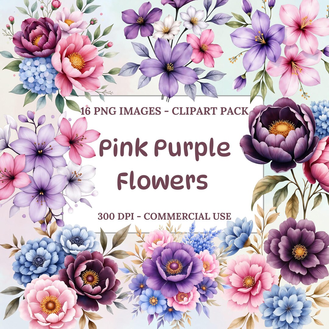 Pink Purple Flowers Clipart, Watercolor Floral PNG, Digital Flowers Set ...