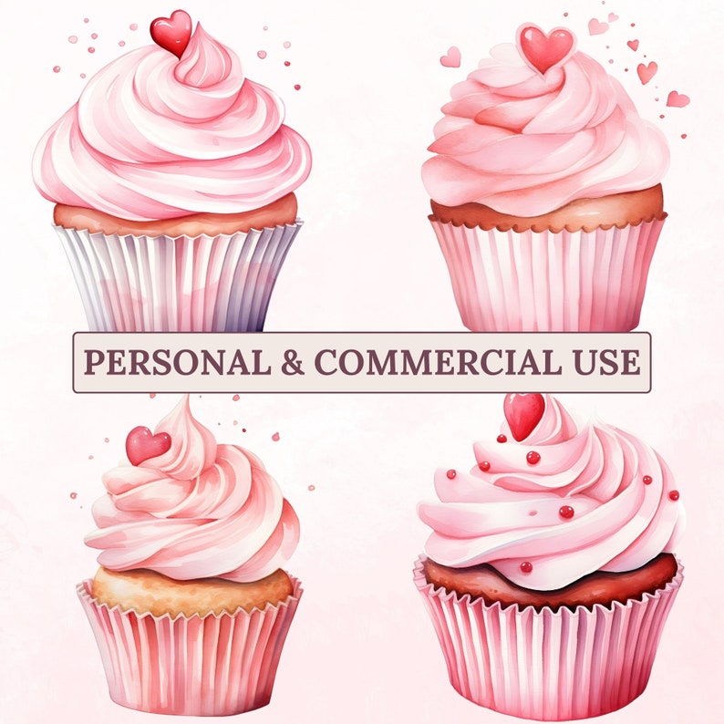 Valentines Cupcakes Clipart Watercolor, Clipart for Commercial Use ...