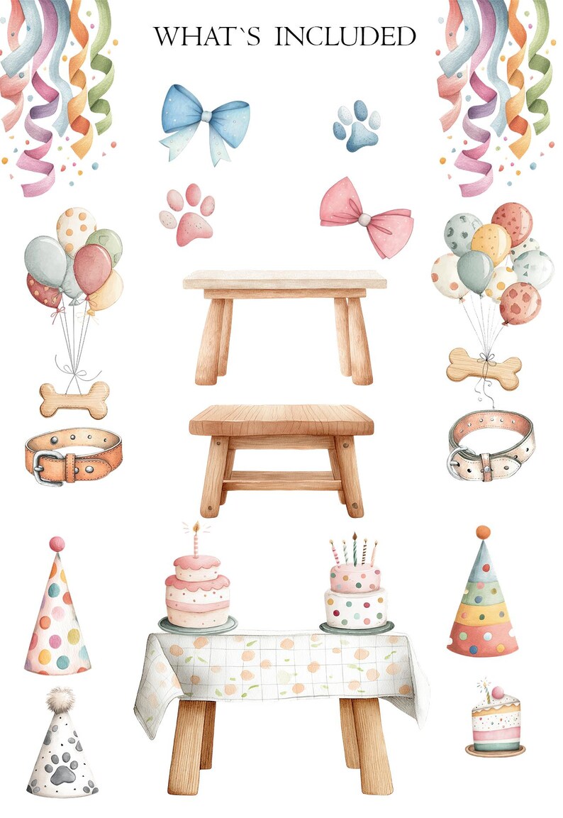 Dog Birthday Party Clipart: Watercolor Breeds PNG Bundle (commercial ...