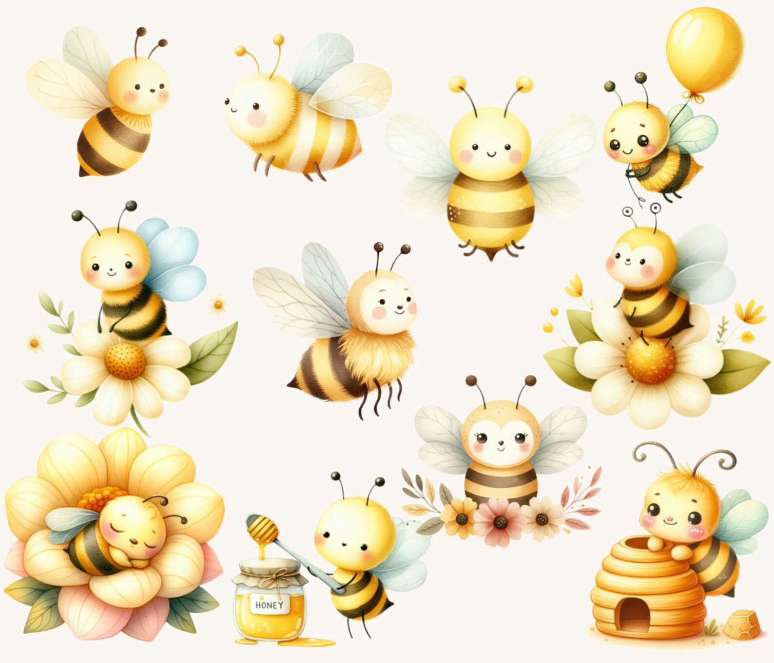 Watercolor Honey Bee Clipart Set, Bumblebee PNG Collection, Floral ...