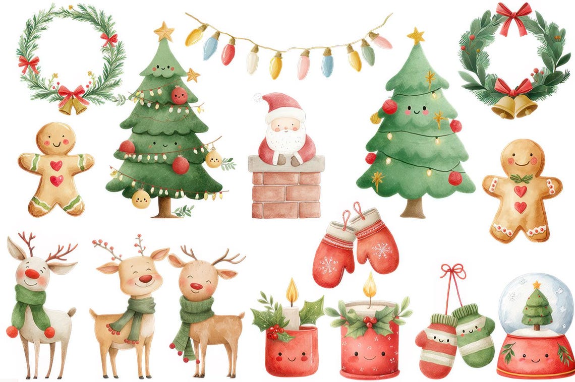 Watercolor Christmas Clipart PNG | Cute Santa Claus, Elf, Reindeer ...