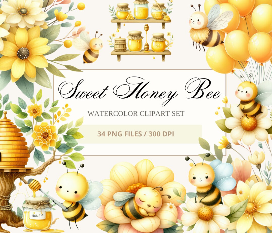 Watercolor Honey Bee Clipart Set, Bumblebee PNG Collection, Floral ...