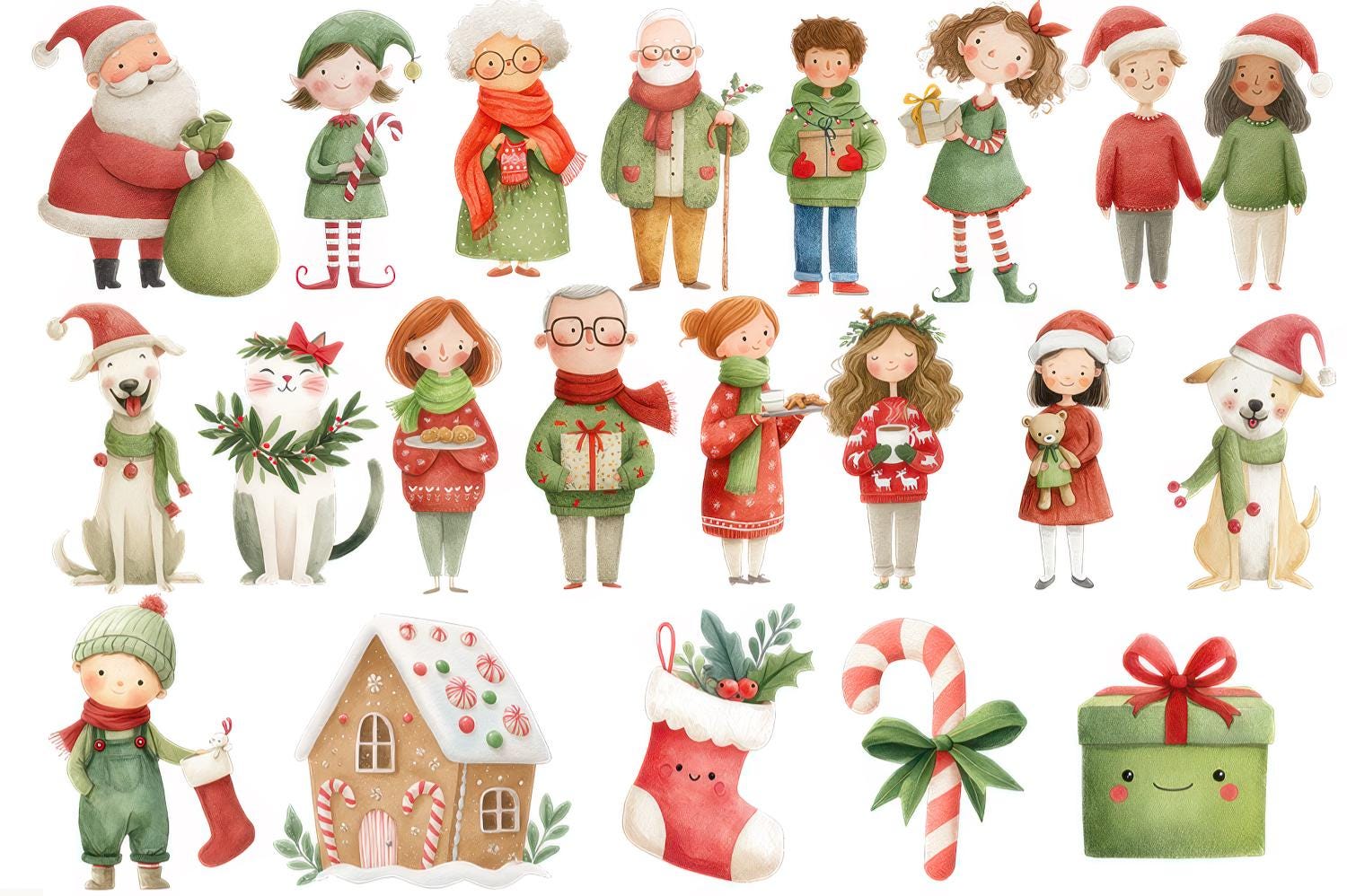 Watercolor Christmas Clipart PNG | Cute Santa Claus, Elf, Reindeer ...