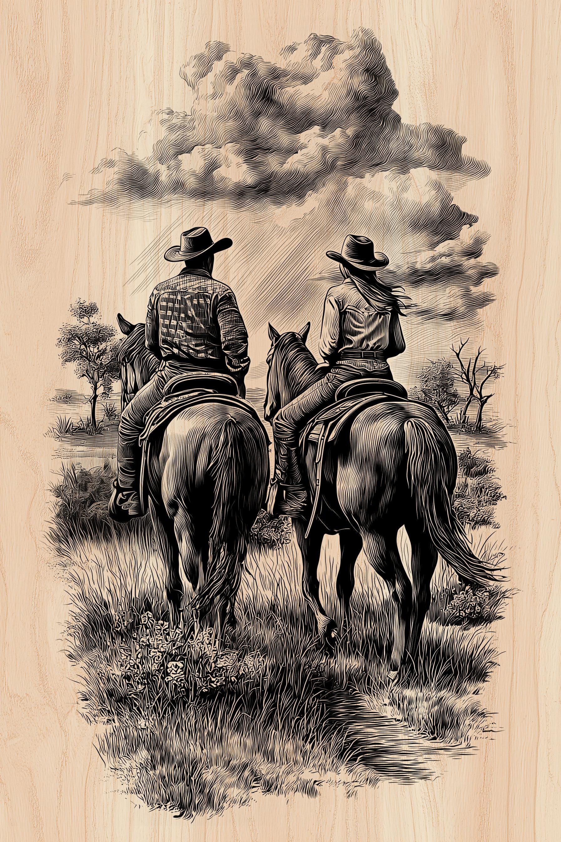 Cowboy Couple Laser Engraving | Western Wildlife CNC Wood Pattern - Etsy