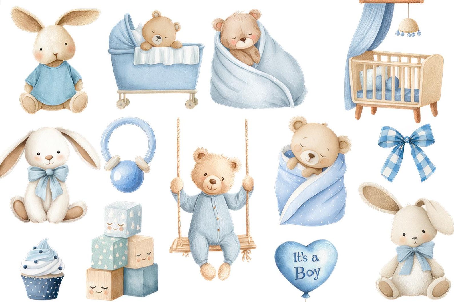 Blue Watercolor Baby Boy Nursery Clipart – PNG Graphics (digital ...