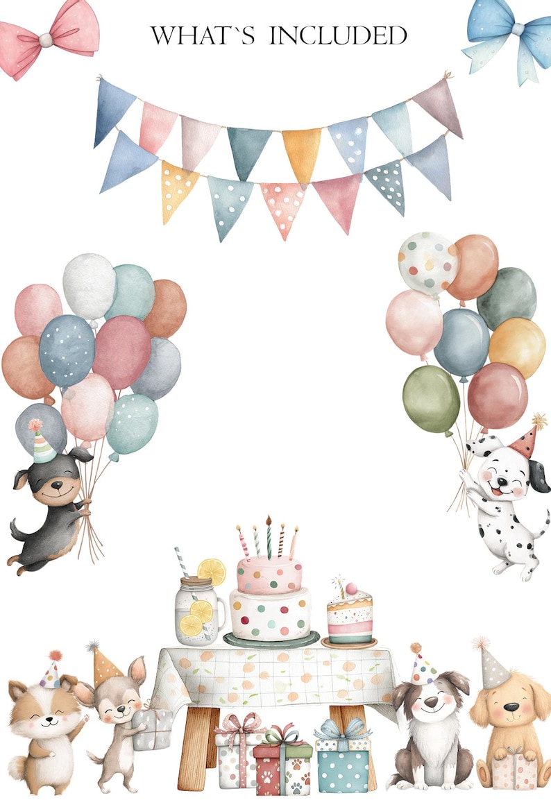 Dog Birthday Party Clipart: Watercolor Breeds PNG Bundle (commercial ...