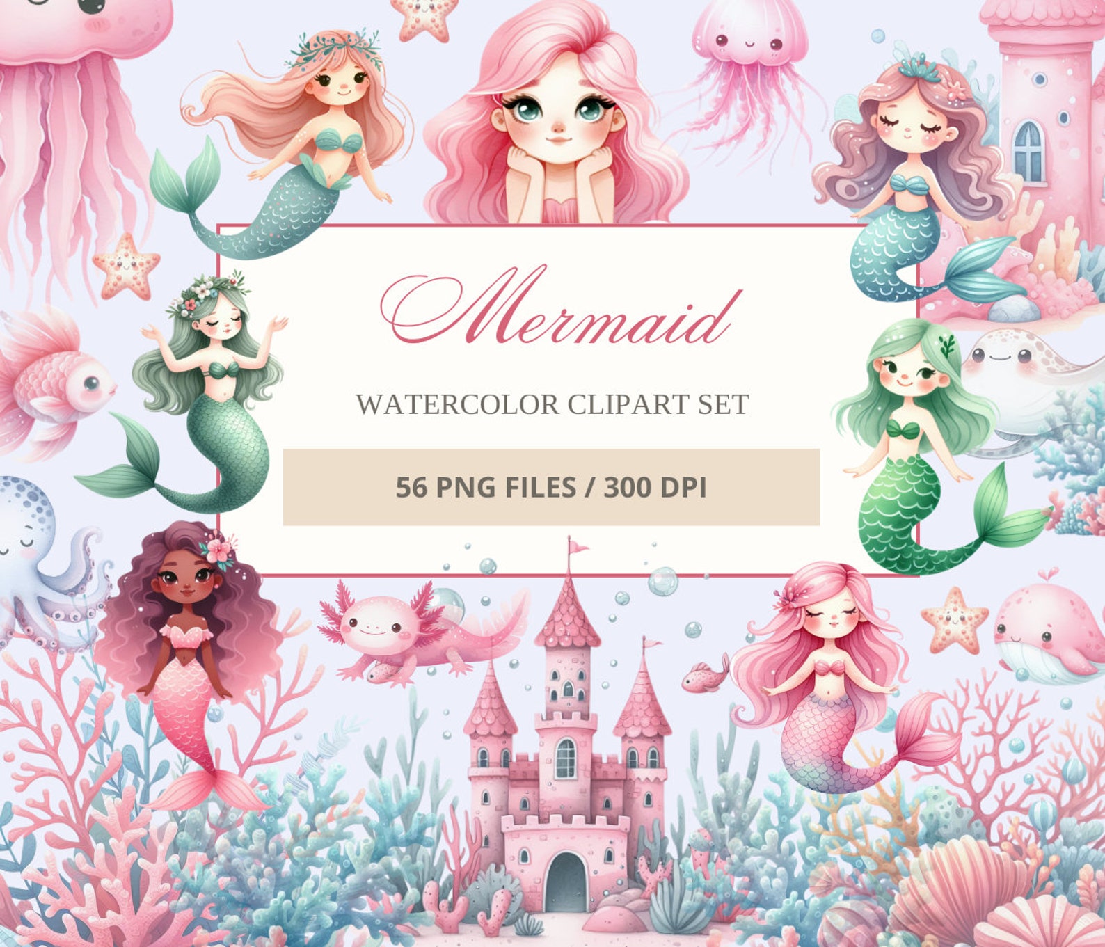 Mermaid Clipart, Ocean Fantasy PNG, Pastel Mermaids, Watercolor Sea ...