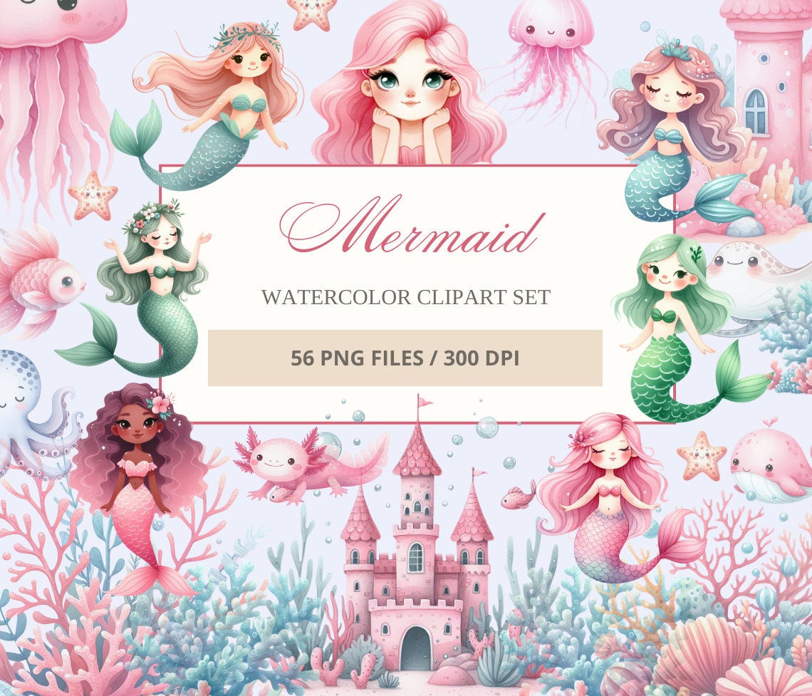 Mermaid Clipart, Ocean Fantasy PNG, Pastel Mermaids, Watercolor Sea ...