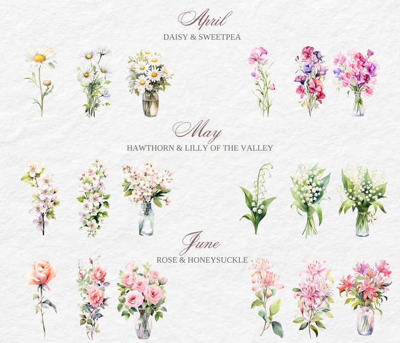 Birth Month Flower Clipart, Watercolor Birthday Bouquet PNG, Floral Art ...