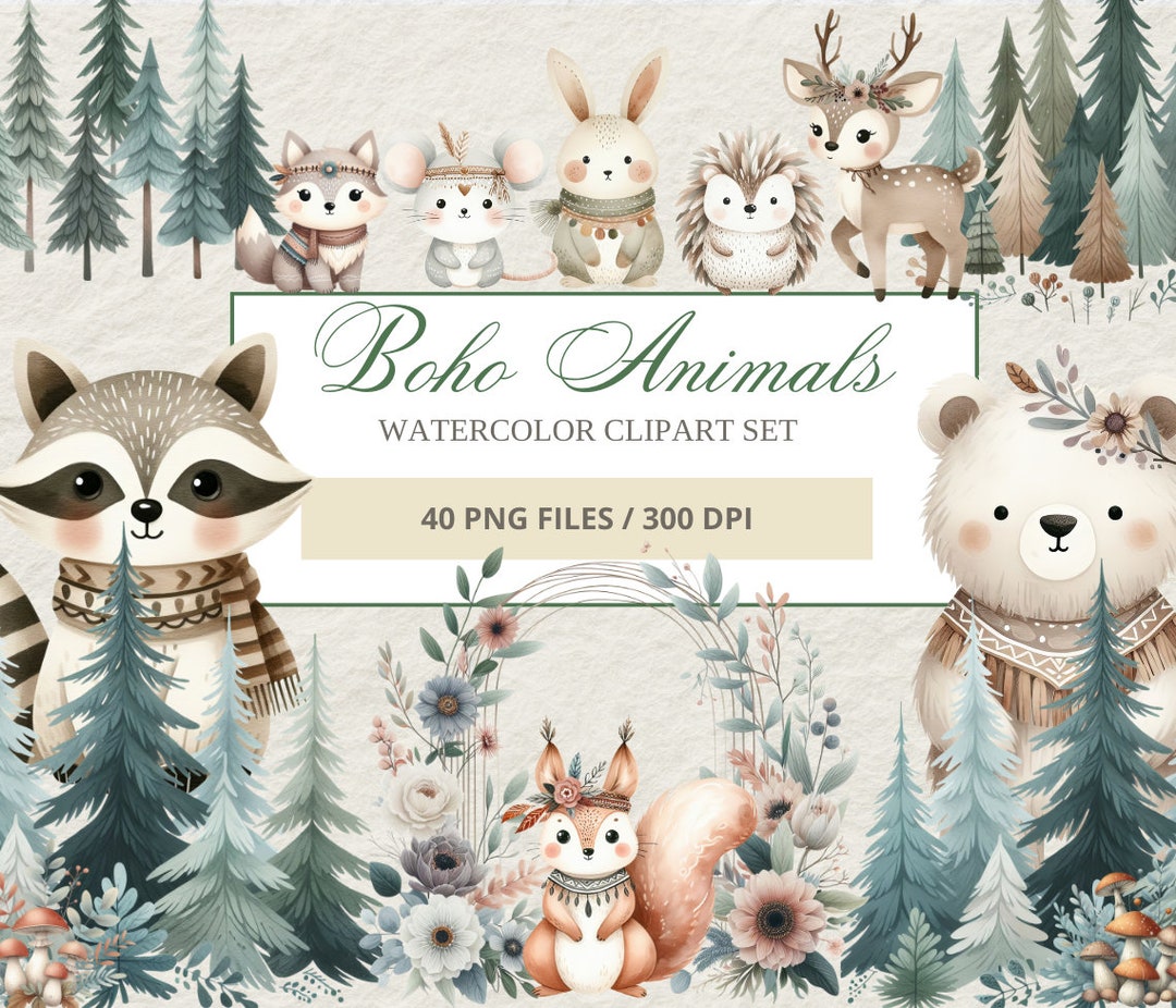 Watercolor Woodland Animals Clipart, Boho Forest Creatures, Baby Shower ...
