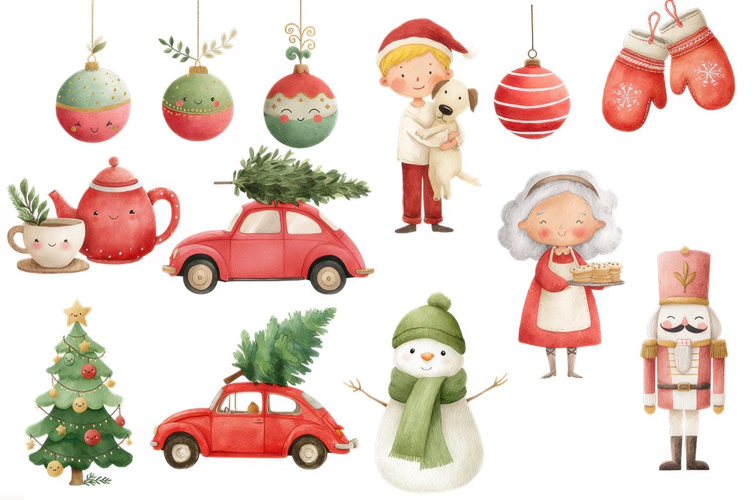 Watercolor Christmas Clipart PNG | Cute Santa Claus, Elf, Reindeer ...