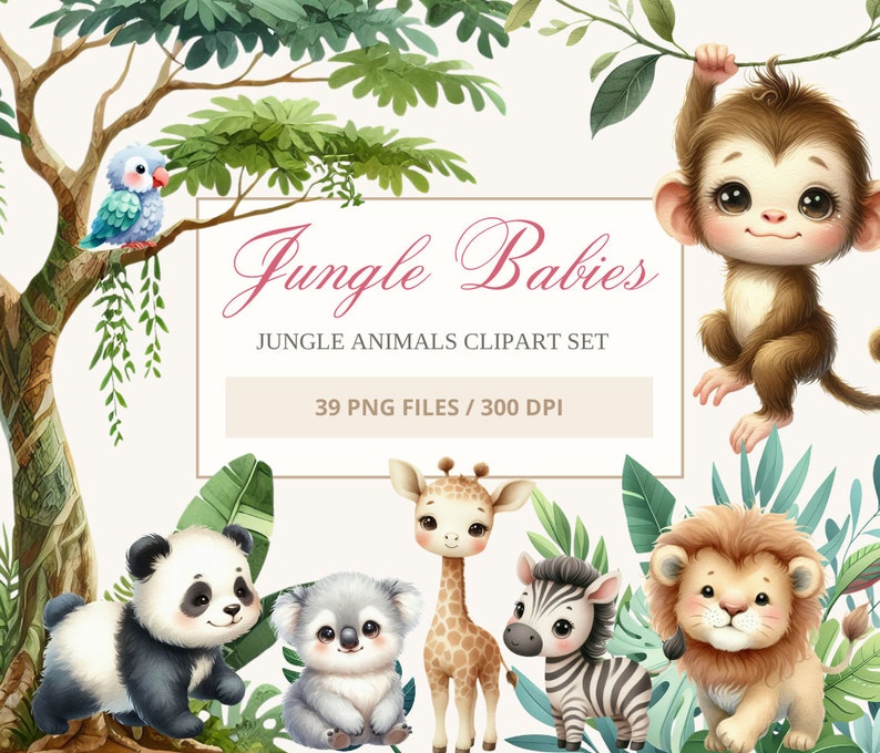 Watercolor Jungle Babies Clipart, Safari Newborn PNG, Baby Elephant ...