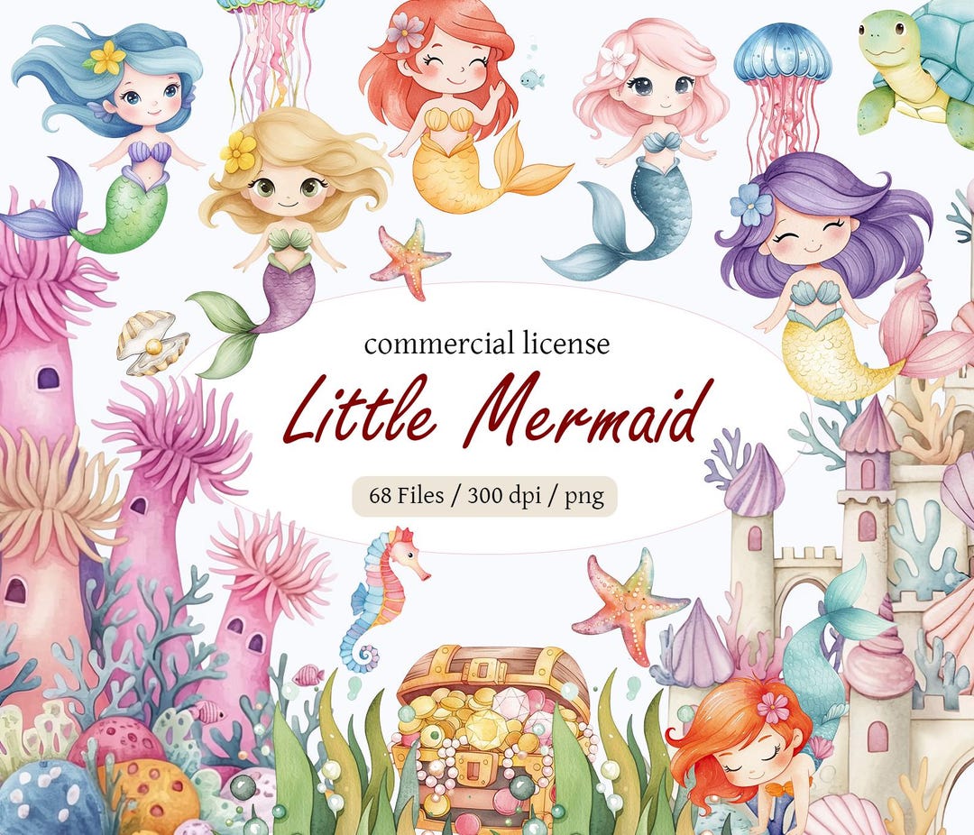 Watercolor Mermaid Clipart Bundle | Sea Animals PNG (digital Download ...
