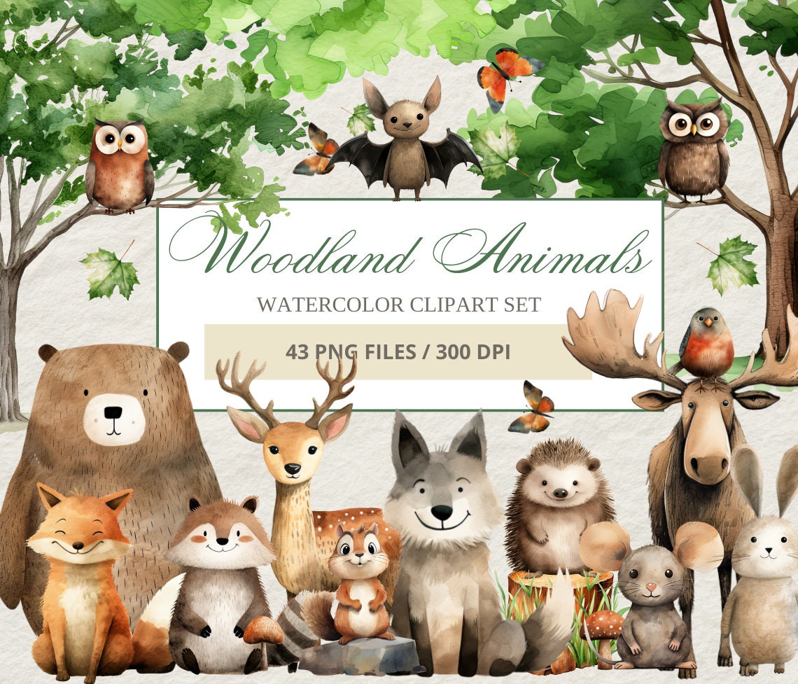Woodland Watercolor Clipart, Forest Creatures PNG, Forest Friends Art ...