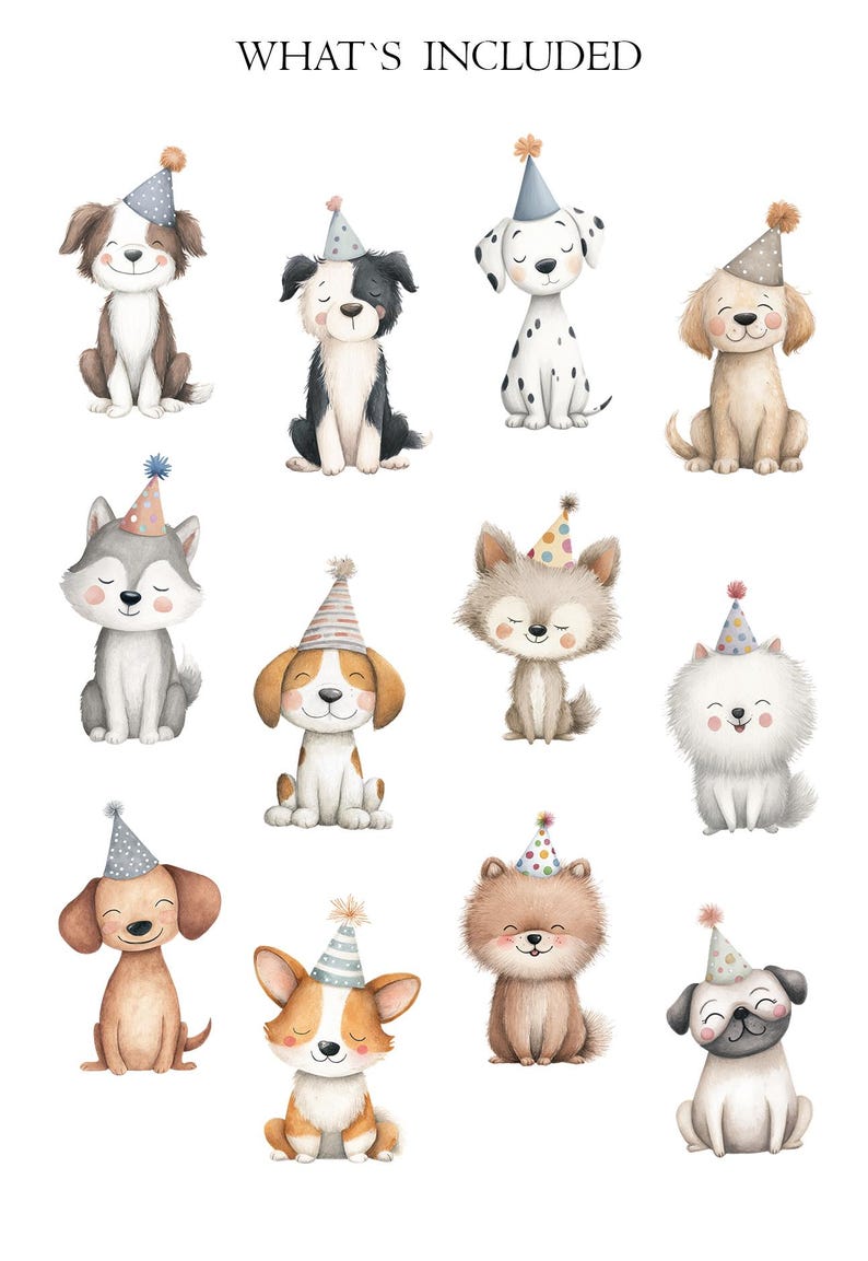 Dog Birthday Party Clipart: Watercolor Breeds PNG Bundle (commercial ...