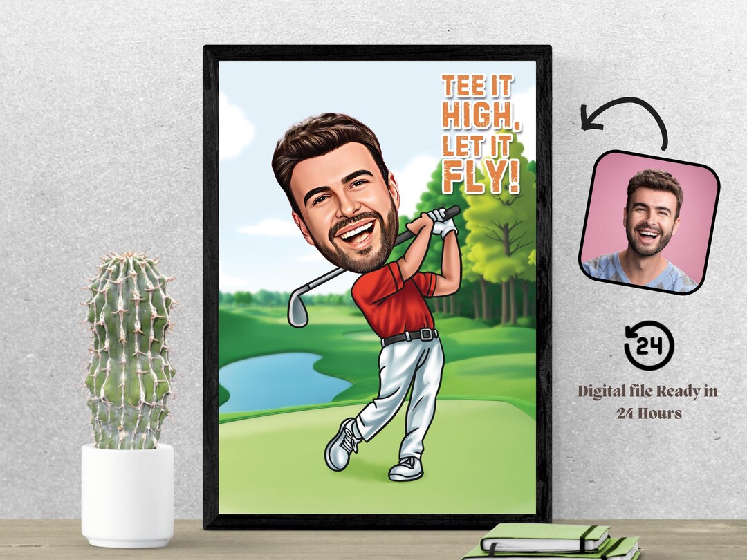 Funny Golf Cartoon Portrait Custom Golfer Caricature Drawing From Photo ...