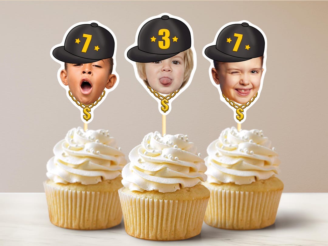 Rapper Hat Gold Chain Funny Custom Face Photo Birthday Cupcake Toppers ...