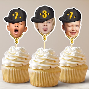 Rapper Hat Gold Chain Funny Custom Face Photo Birthday Cupcake Toppers ...