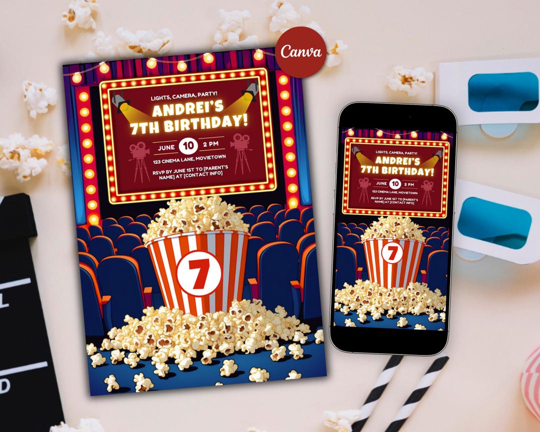 Movie Birthday Invitation Card Template Popcorn Party Birthday Movie ...