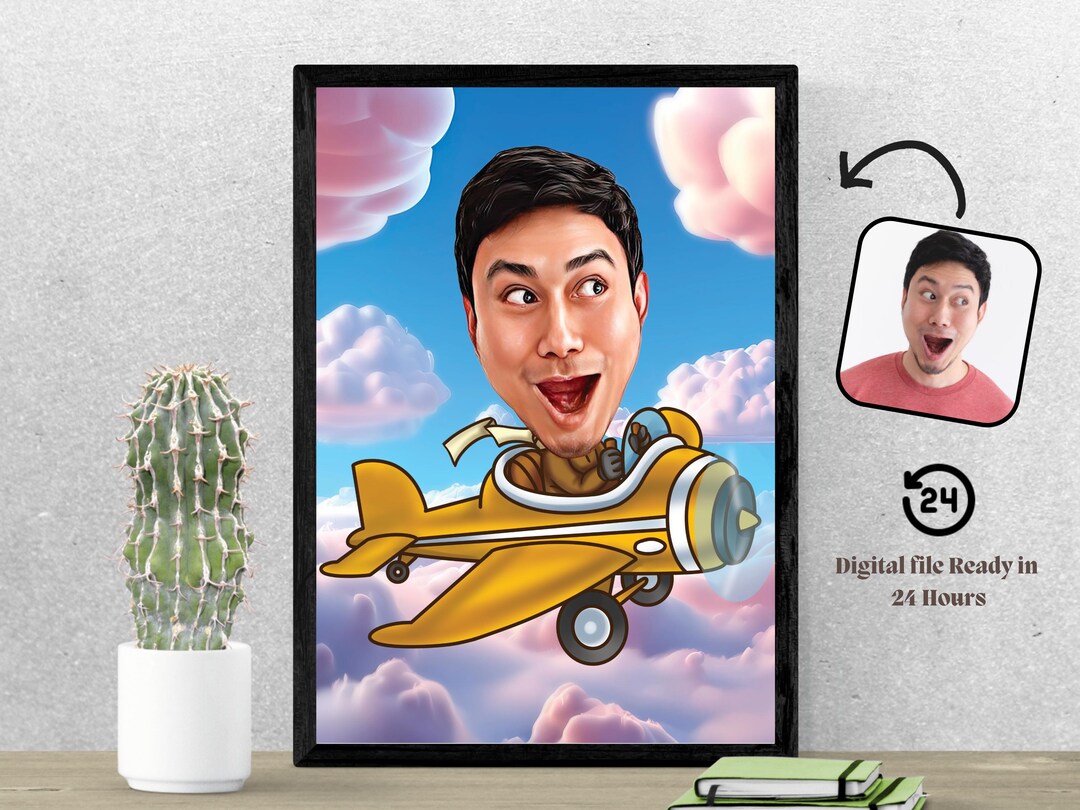 Vintage Airplane Caricature Cartoon Pilot Portrait Aviation Gifts ...