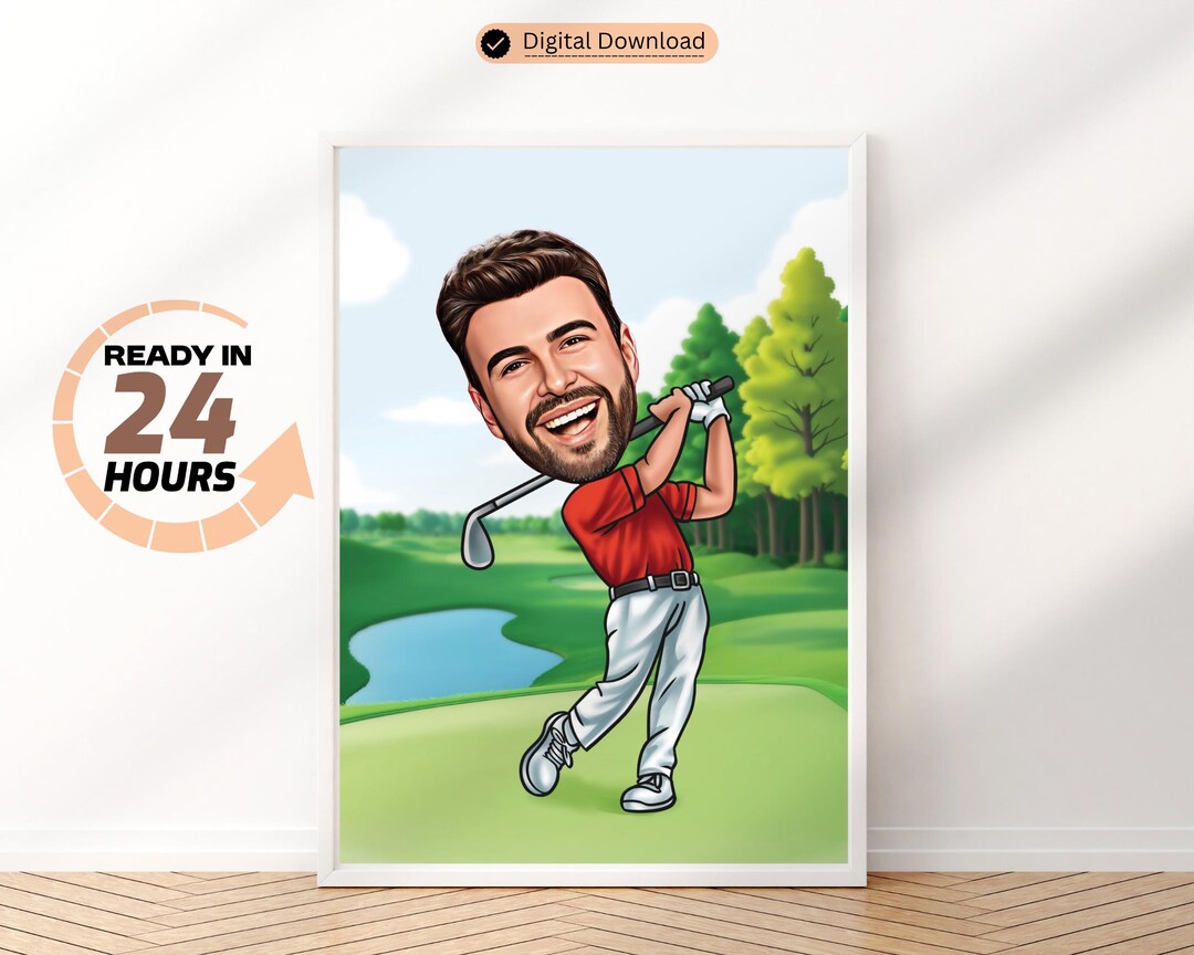 Funny Golf Cartoon Portrait Custom Golfer Caricature Drawing From Photo ...
