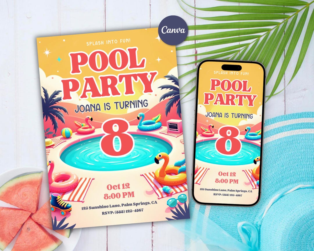 Retro Pool Party Invitation Template Pool Birthday Party Retro Pool ...