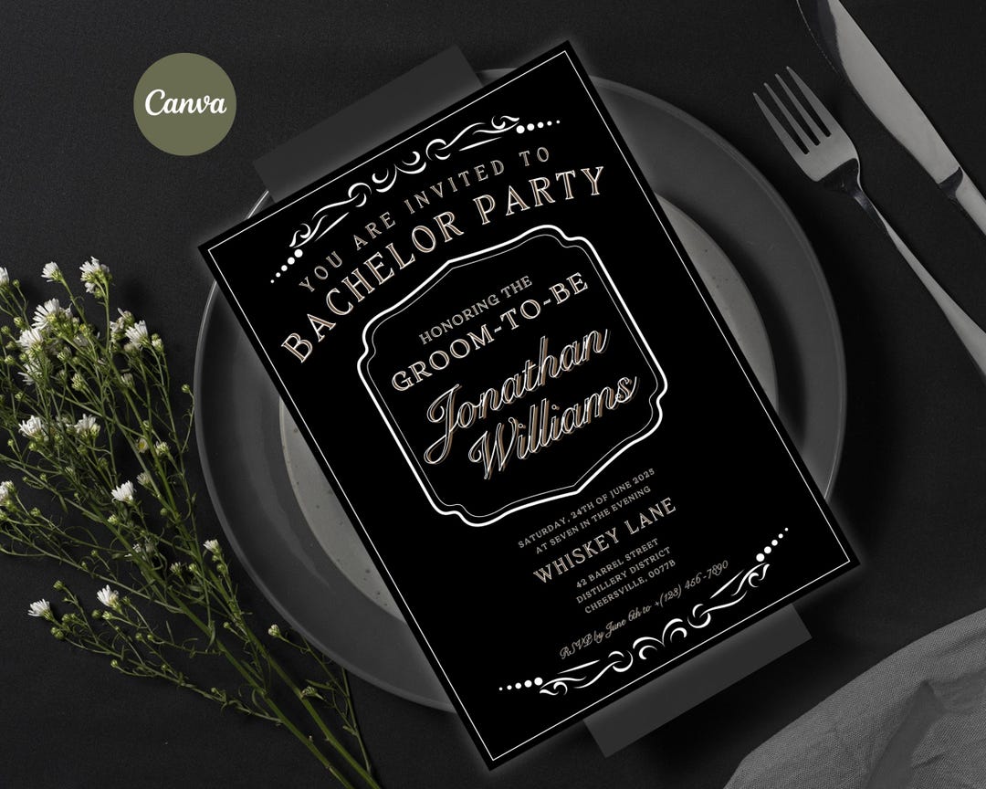 Black & White Bachelor Party Invitation Card Template Flourish Design ...