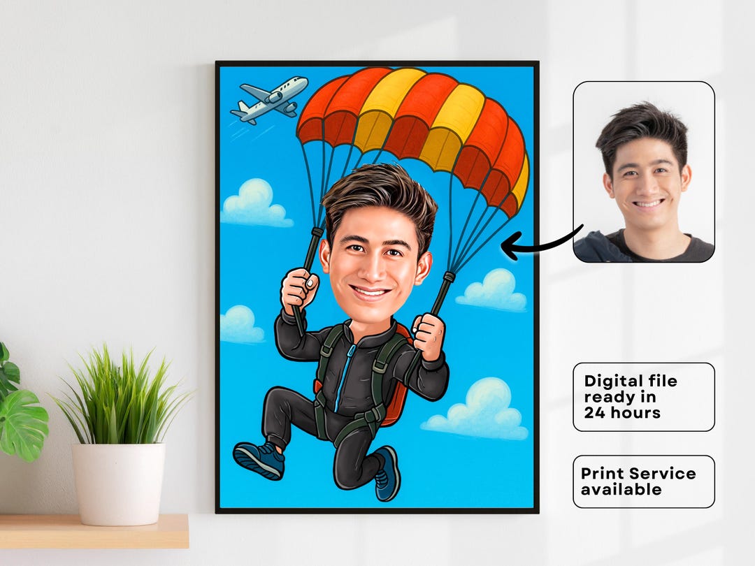 Skydiving Cartoon Wall Art Custom Drawing From Photo Gift for Skydiver ...