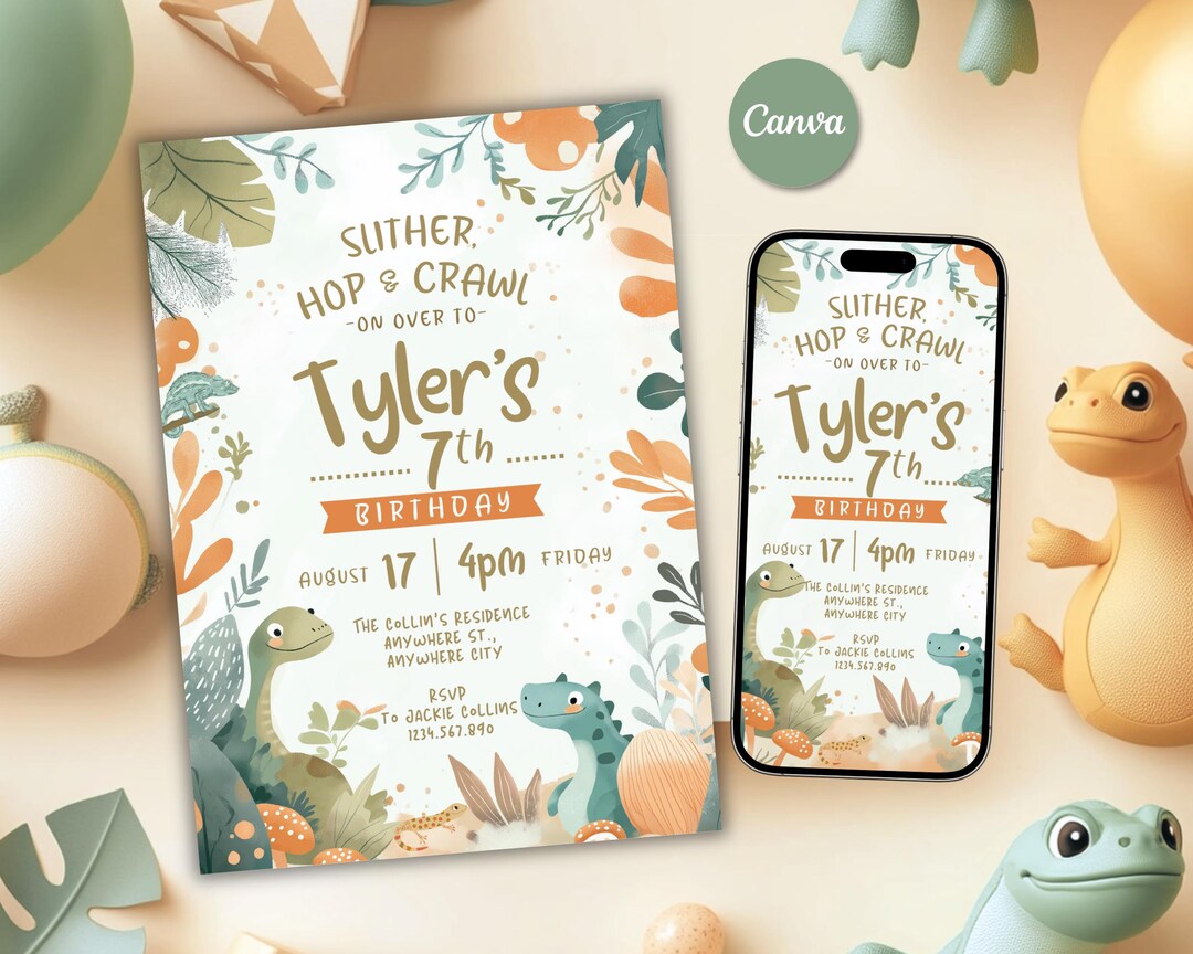 Reptile Birthday Invitation Template Lizard Snake Slither Hope & Crawl ...