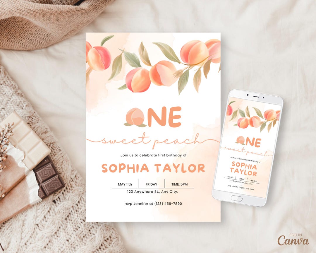 Editable Peach First Birthday Invitation Template, One Sweet Peach ...