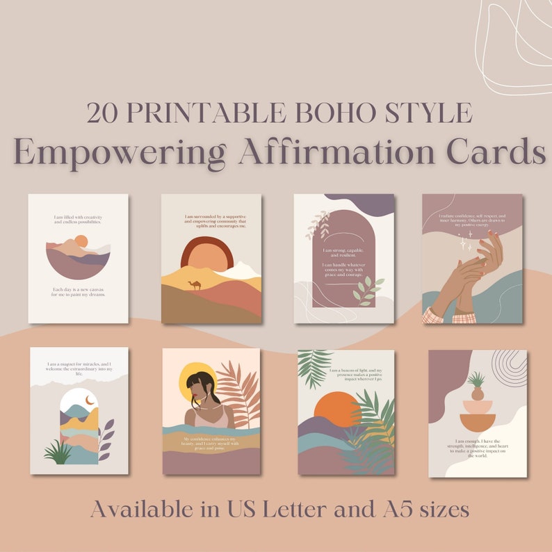 Boho Affirmation Cards Printable Set of 20 Empowering Positive Affirmations Unique Handmade ...