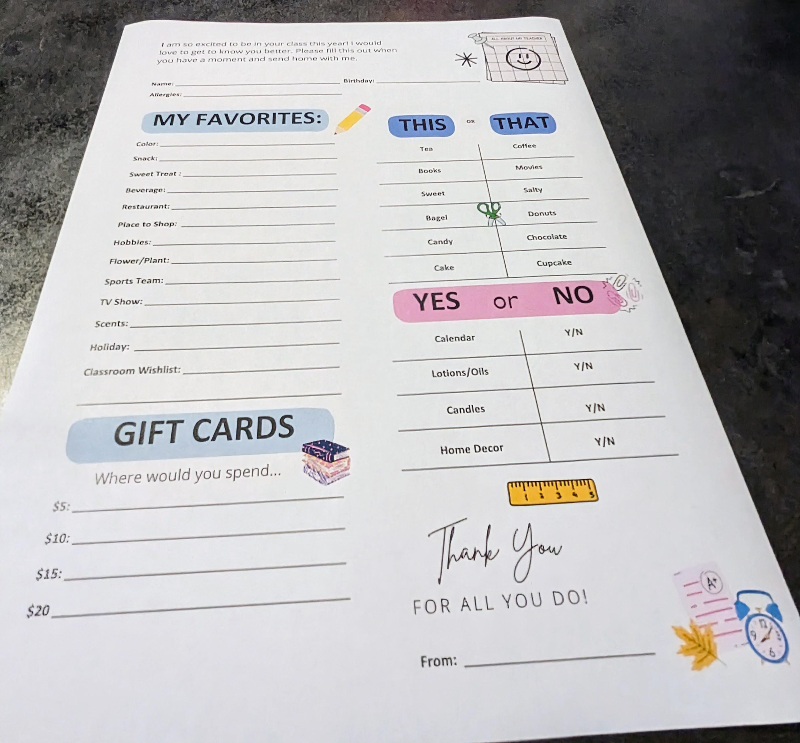 All About My Teacher Questionnaire, Teacher Favorite Things for First ...