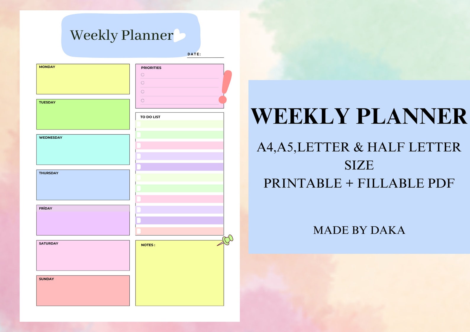 Digital Weekly Planner PDF, Printable & Fillable, Sizes A4/a5/letter ...