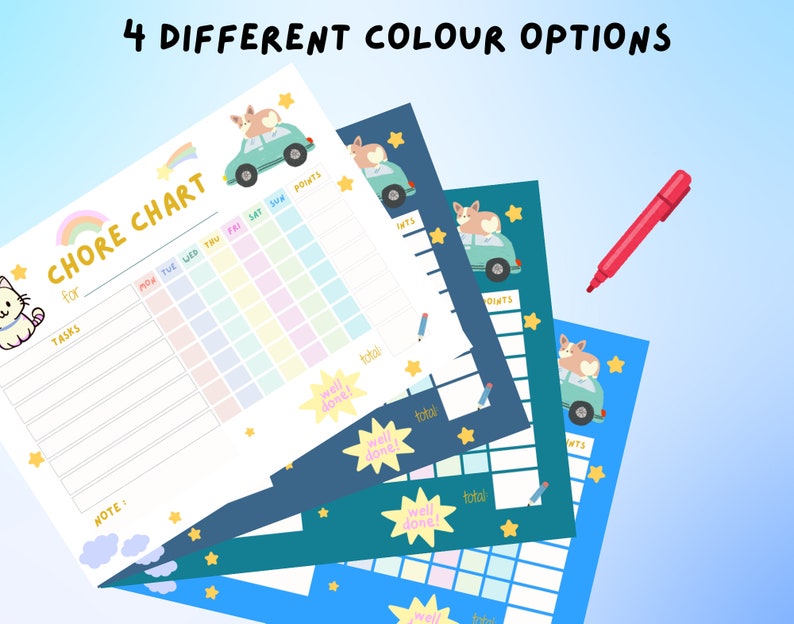 Colorful Kids Chore Chart PDF, Printable & Downloadable, 4 Color ...
