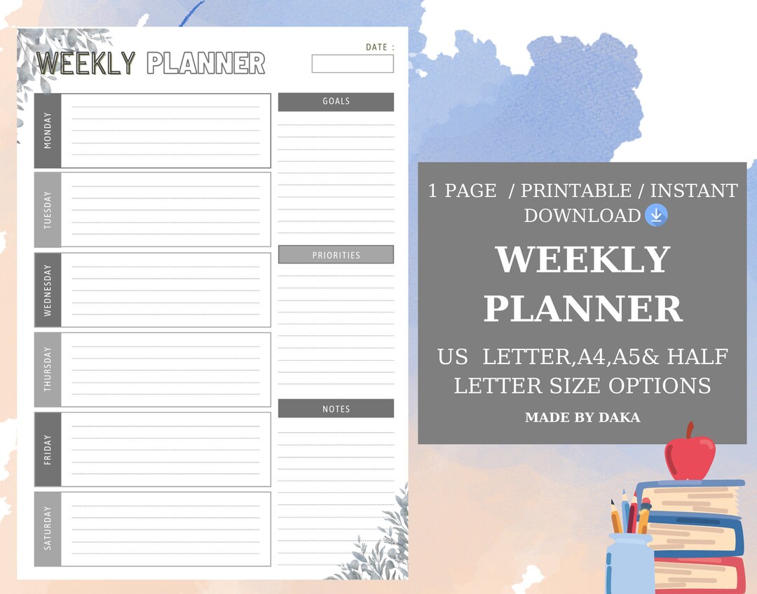 Elegant Weekly Planner PDF, Printable & Fillable, Sizes A4/a5/letter ...
