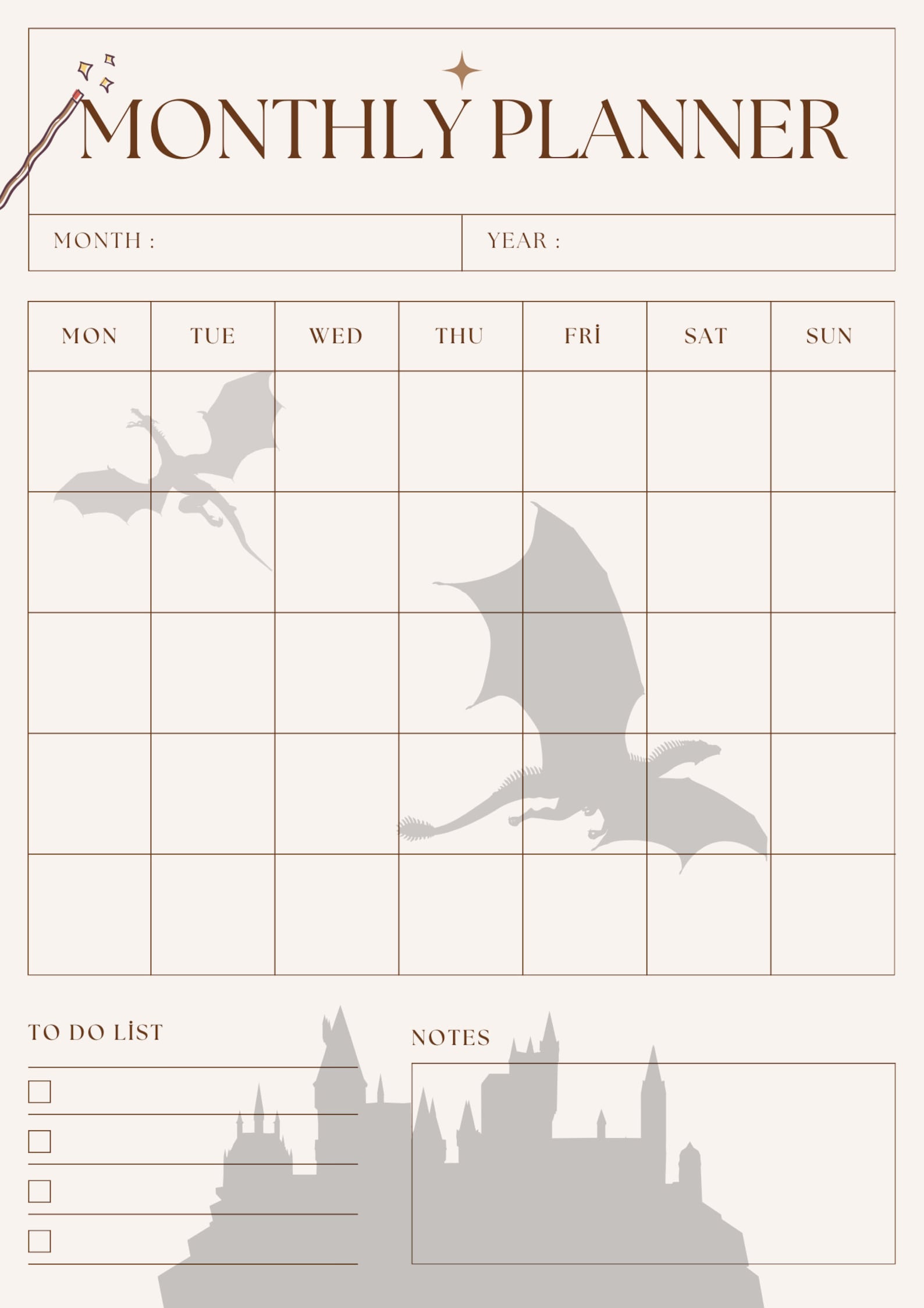 Magical Dragon Themed Monthly Planner PDF, Printable & Fillable, A4 ...