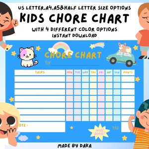 Colorful Kids Chore Chart PDF, Printable & Downloadable, 4 Color ...