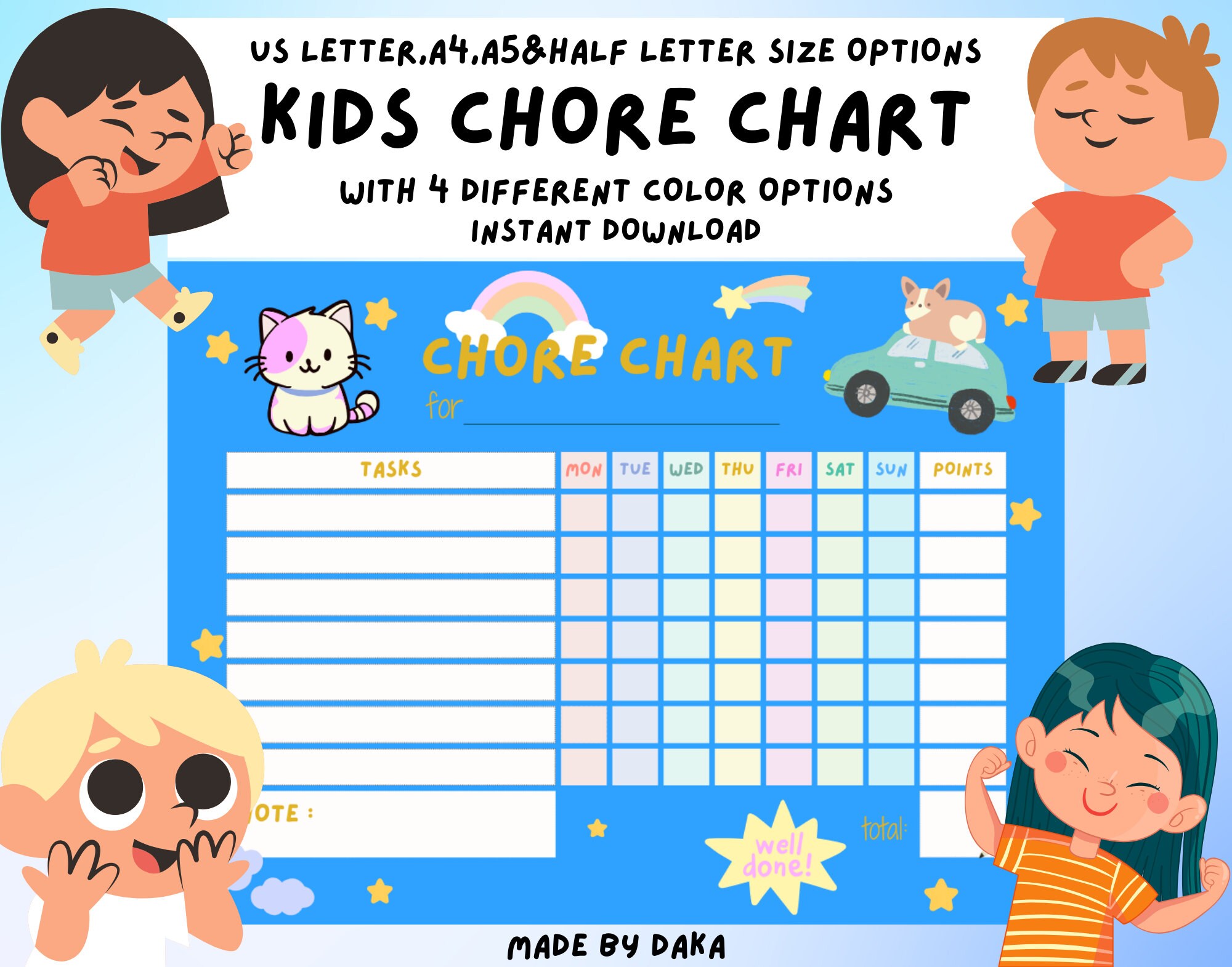 Colorful Kids Chore Chart PDF, Printable & Downloadable, 4 Color ...