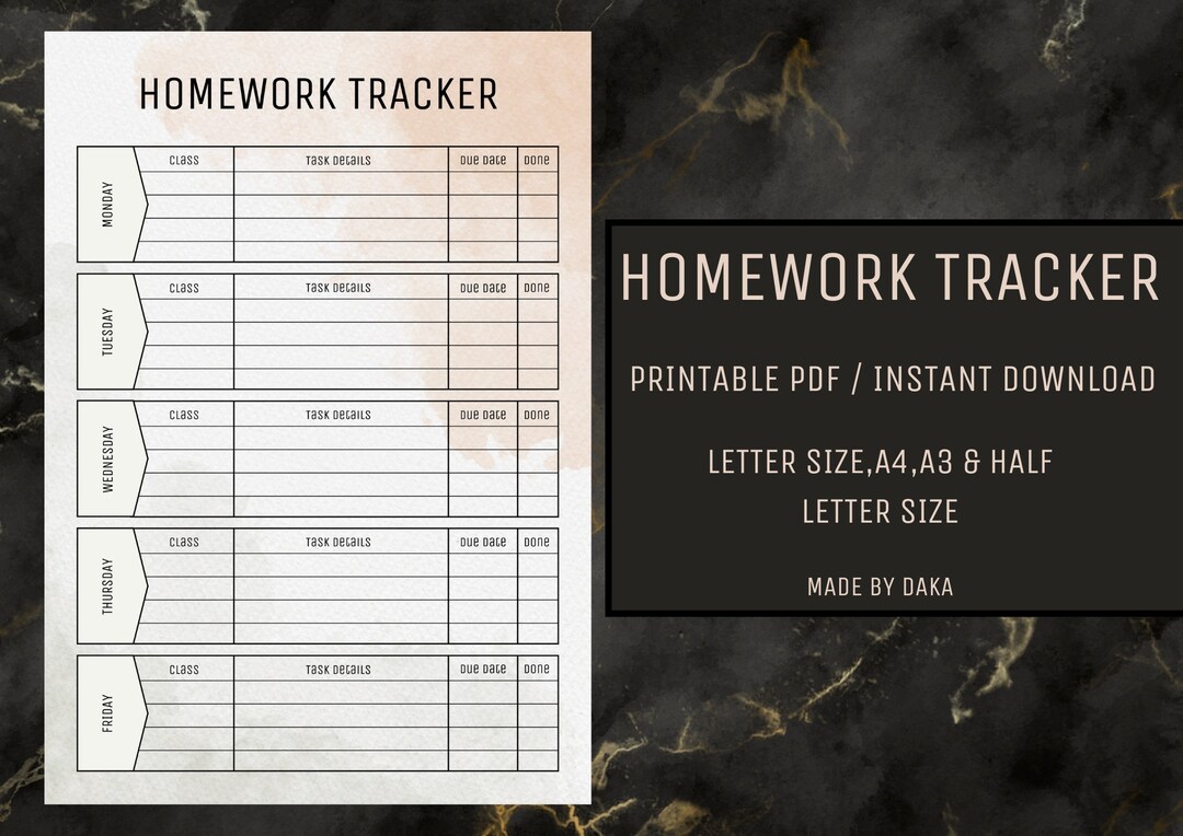 Printable Homework Tracker PDF, Includes Weekdays, Sizes A4/a5/letter ...