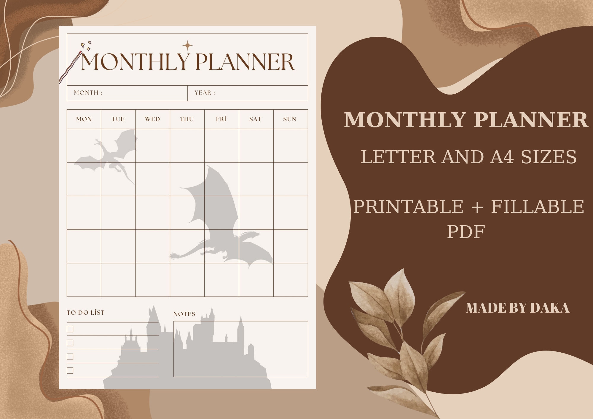 Magical Dragon Themed Monthly Planner PDF, Printable & Fillable, A4 ...