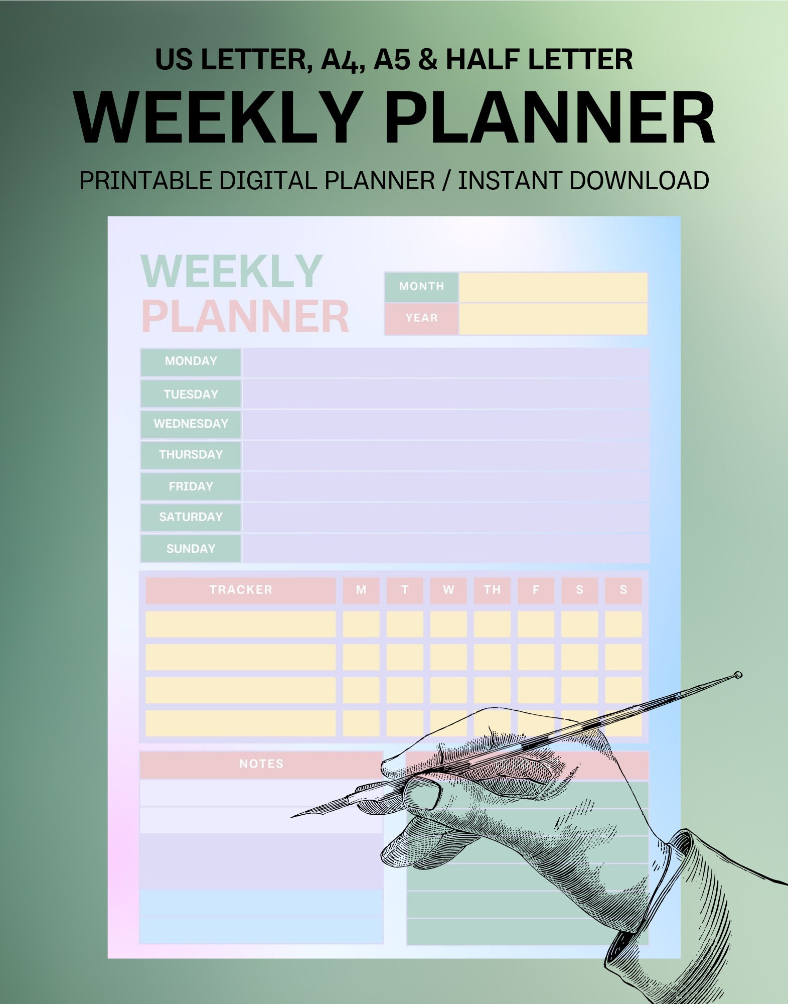 Digital Weekly Planner PDF, Printable, Sizes A4/a5/letter/half Letter ...