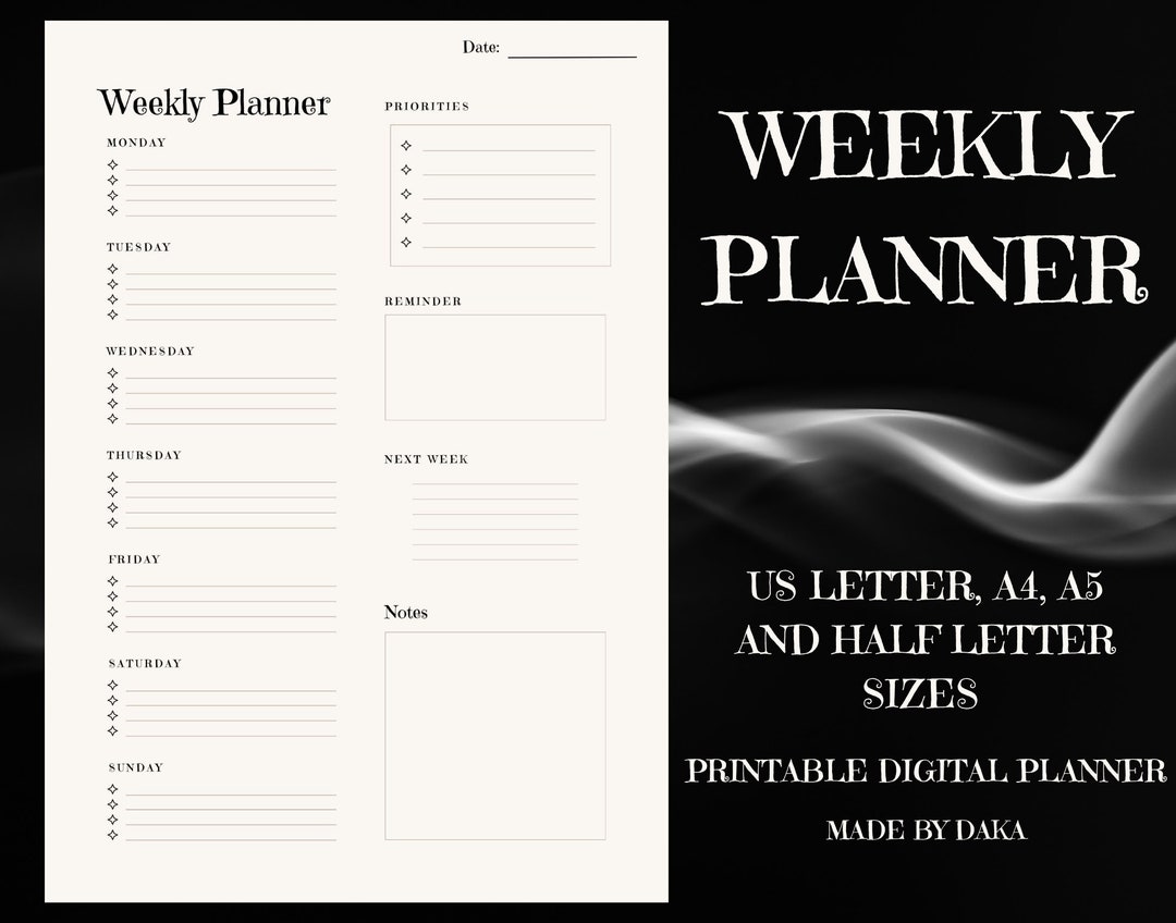 Weekly Planner PDF, Digital, Printable, A4/a5/letter/half Letter ...