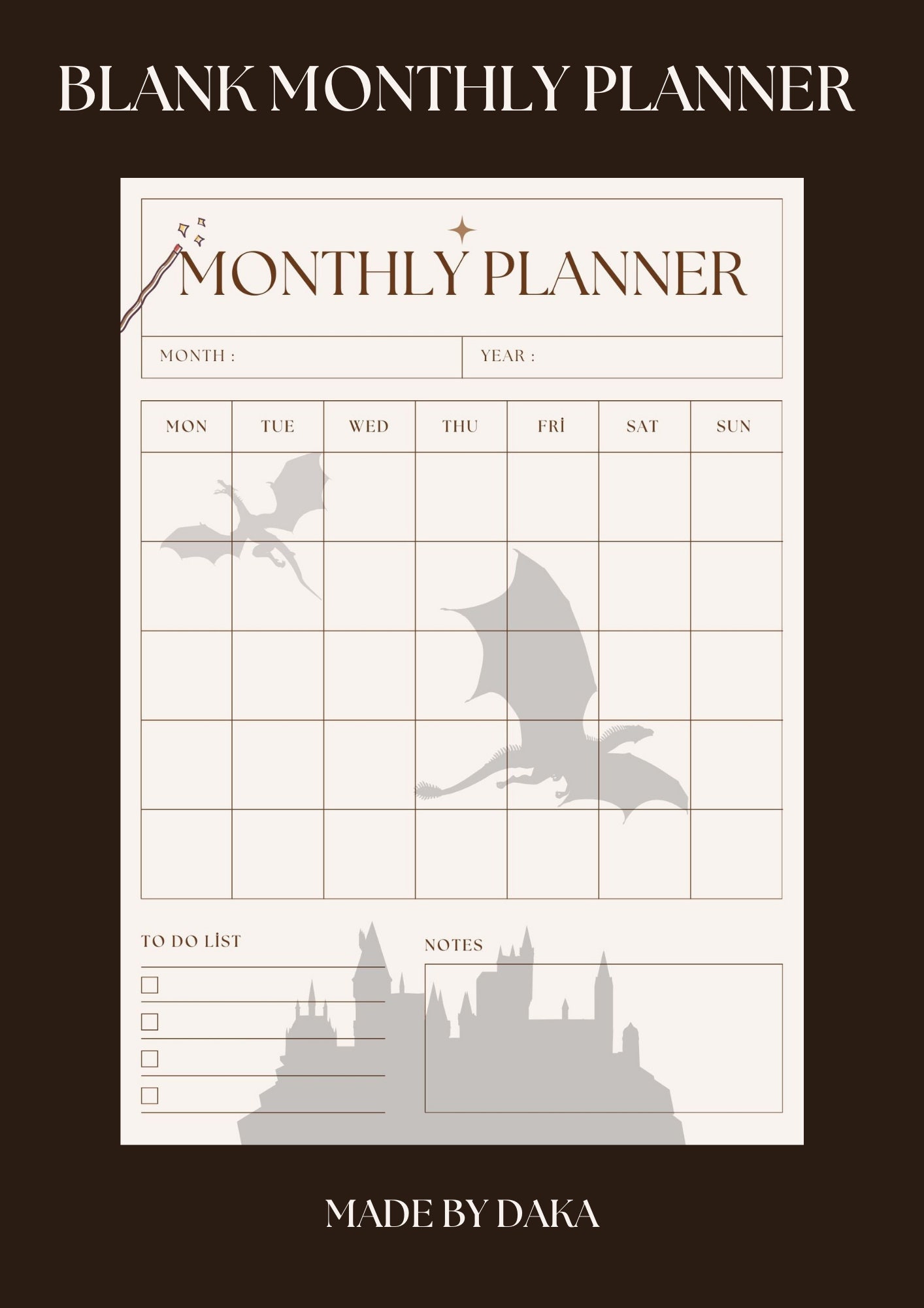 Magical Dragon Themed Monthly Planner PDF, Printable & Fillable, A4 ...