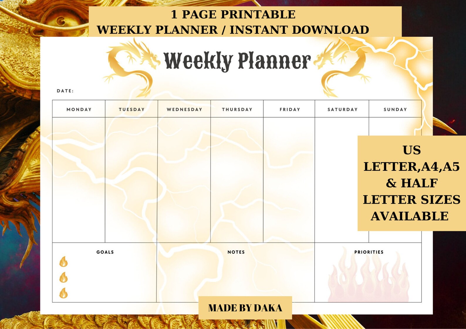 Dragon-themed Weekly Planner PDF, Printable Digital Download, Sizes A4 ...