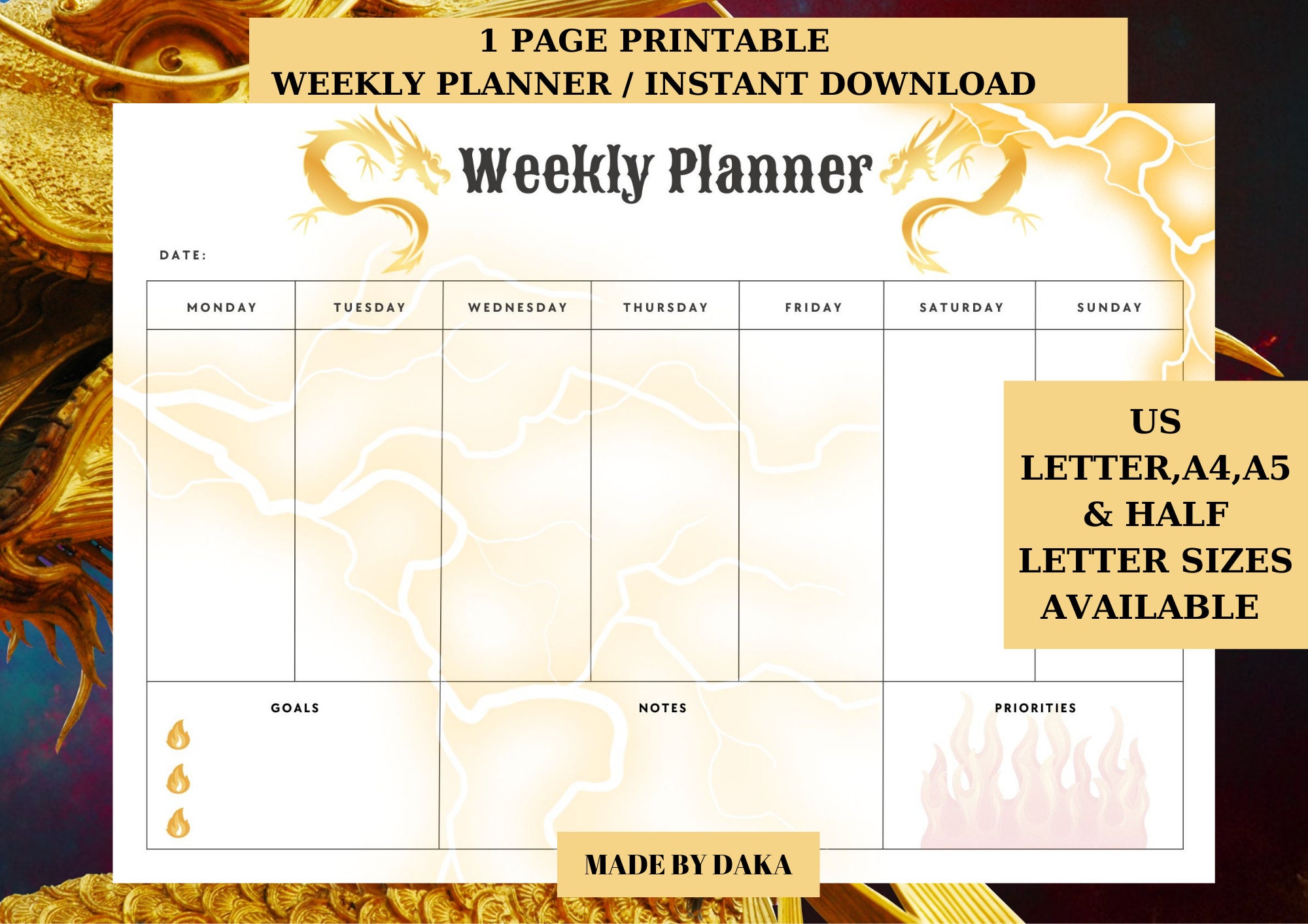 Dragon-themed Weekly Planner PDF, Printable Digital Download, Sizes A4 ...